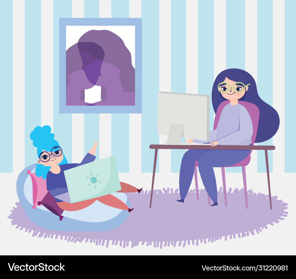 Working remotely young women with laptop Vector Image