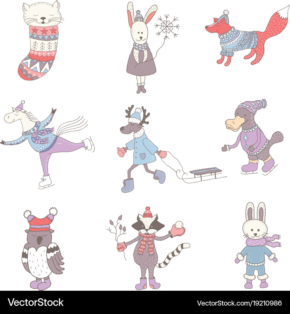Set cute animals in winter nursery art Royalty Free Vector