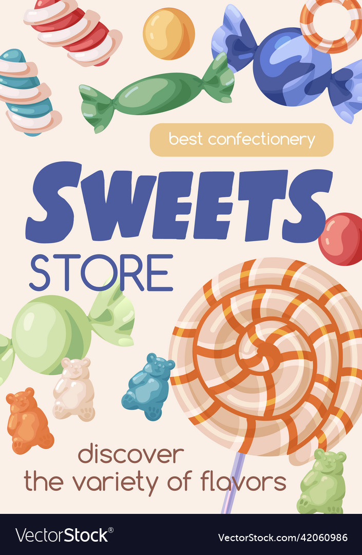Sweets store poster template with candies Vector Image
