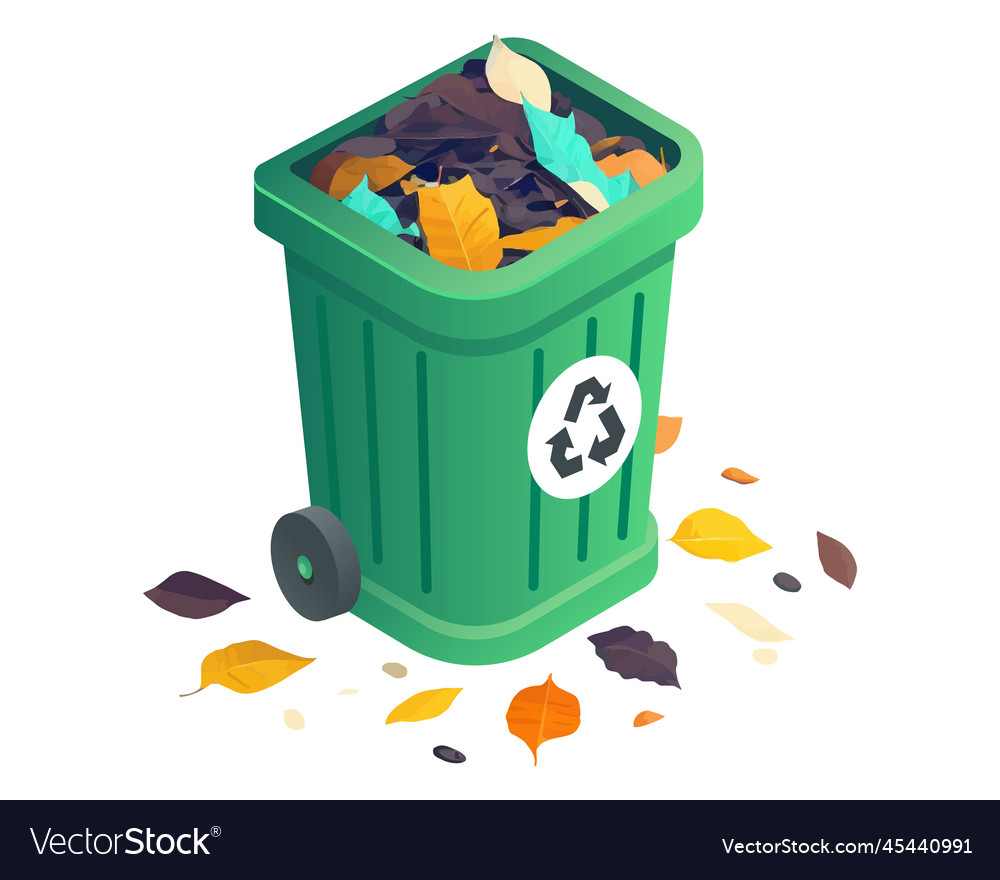 Green trash can filled with fallen leaves from Vector Image