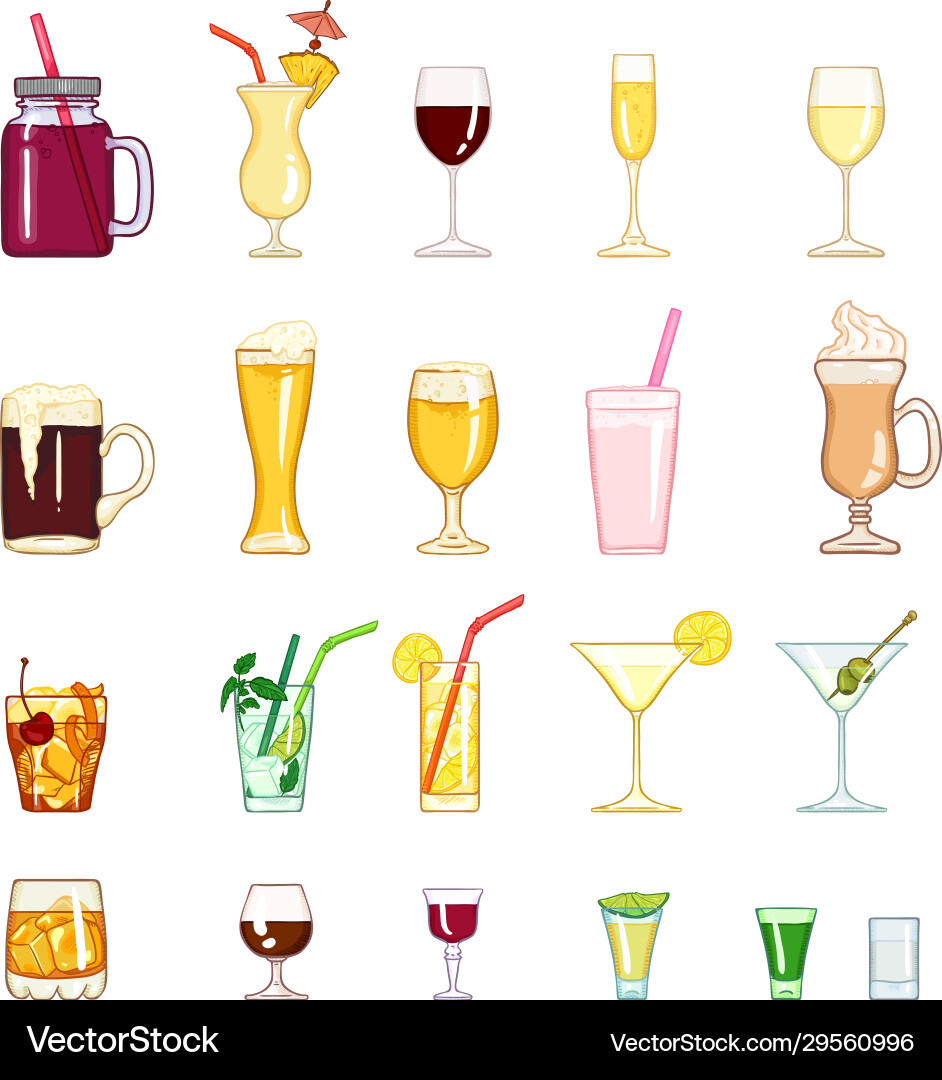 Cartoon set alcohol soft drinks and cocktails Vector Image