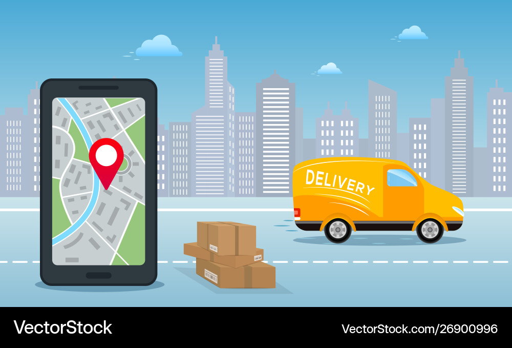 Free home delivery service van smartphone Vector Image