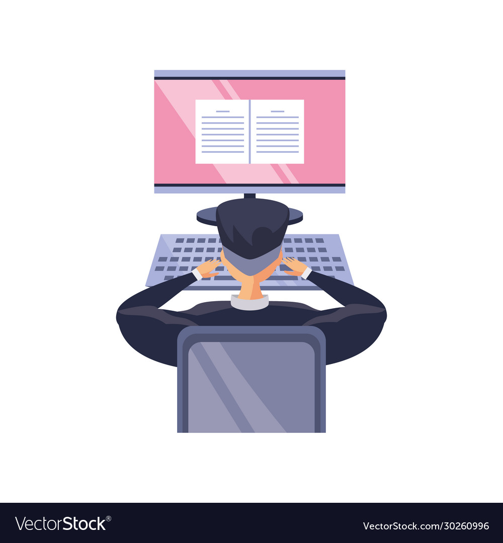Man in front a desktop computer online Royalty Free Vector