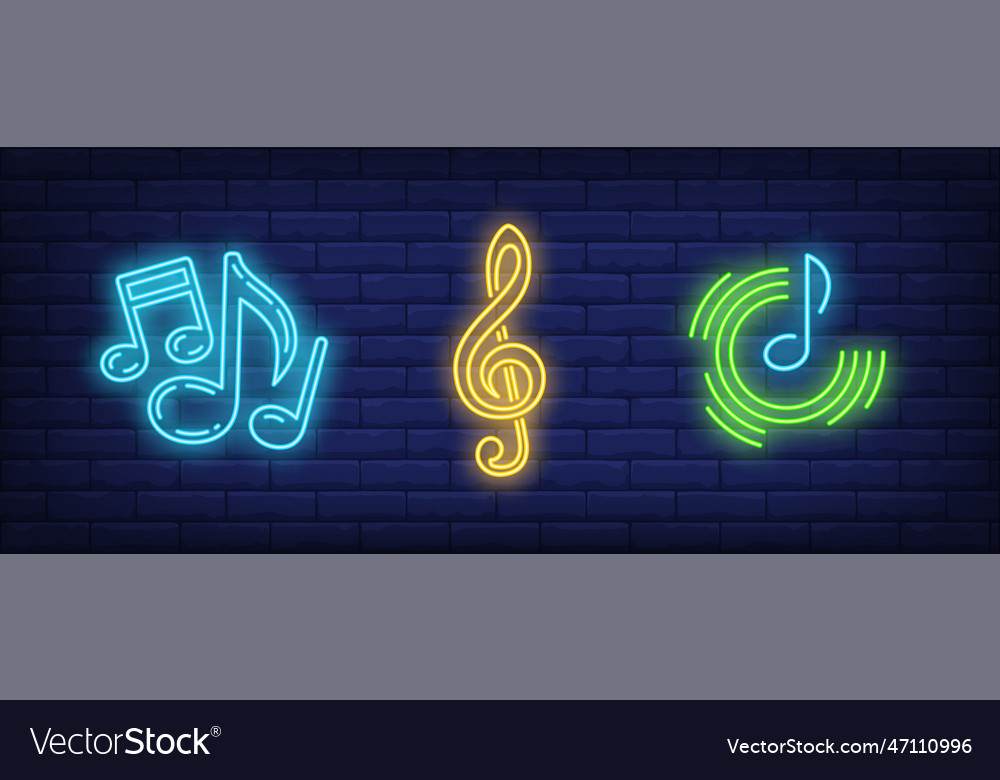 Music notes and treble clef neon signs set Vector Image