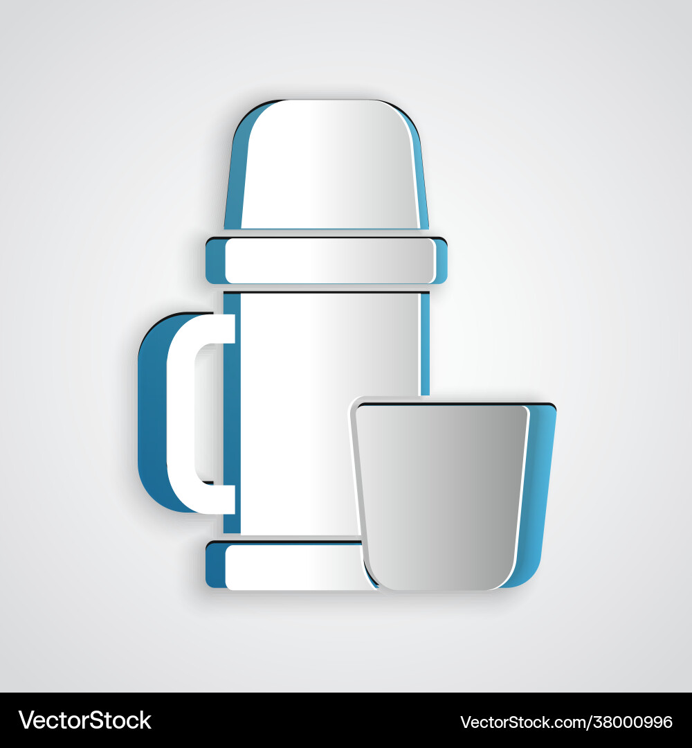 Paper cut thermos container and cup icon isolated Vector Image