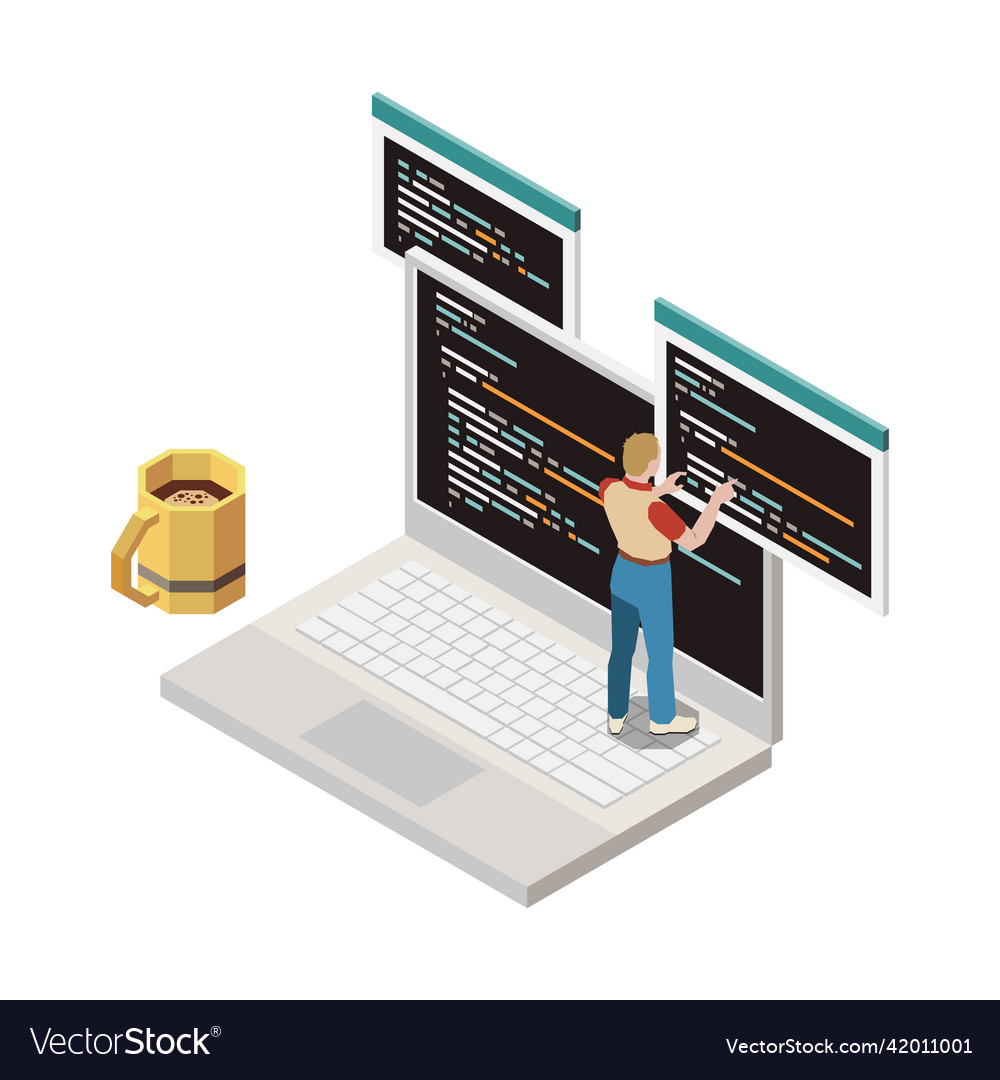 Laptop programming isometric composition Vector Image