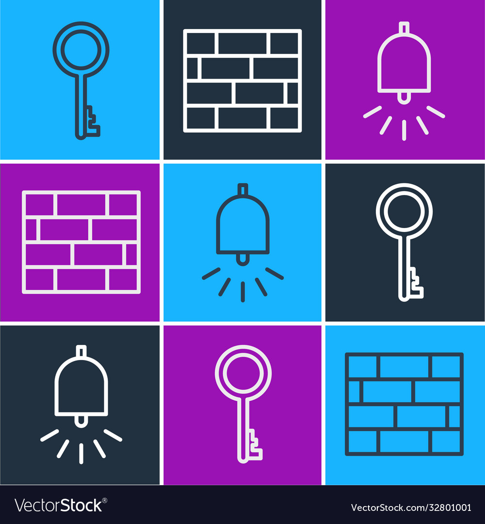 Set line old key ringing alarm bell and bricks Vector Image
