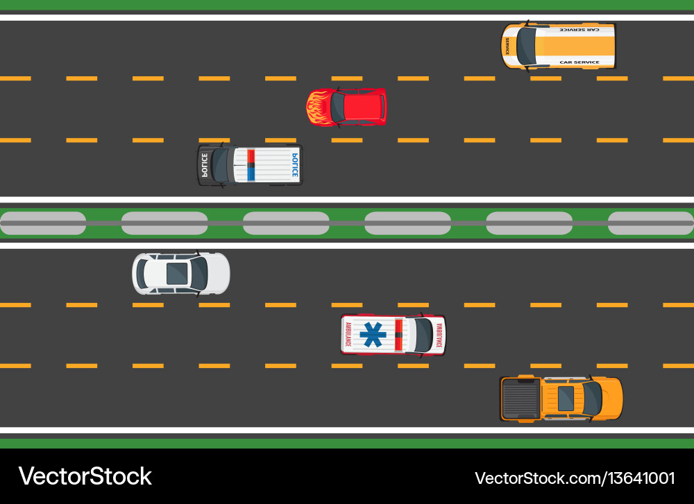 Six fast vehicles driving on road background Vector Image