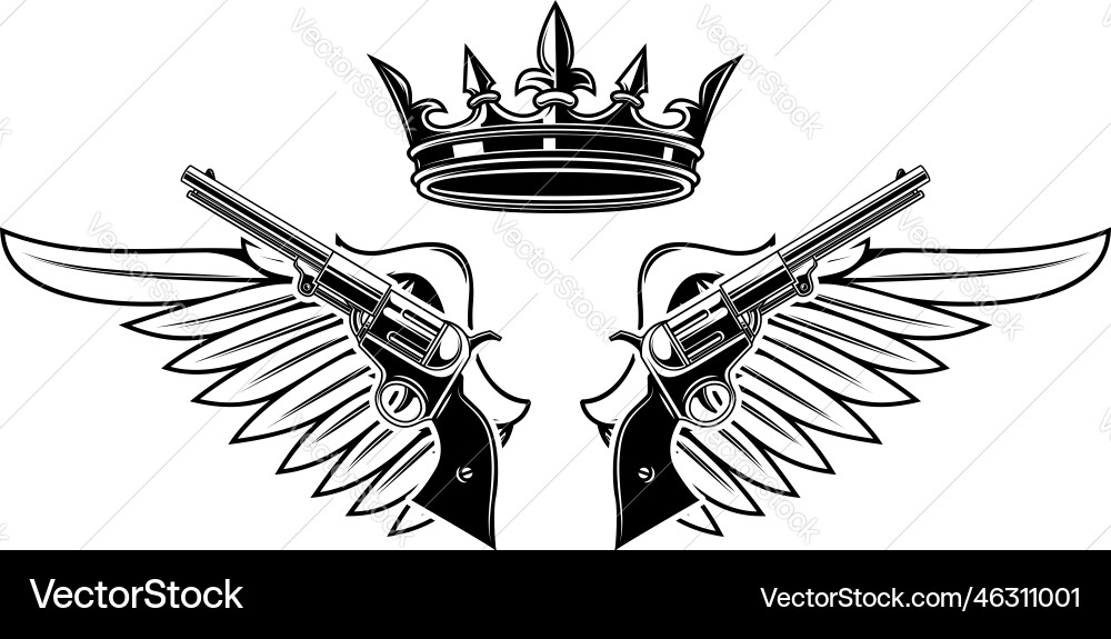 Two guns and wings with king crown design element Vector Image