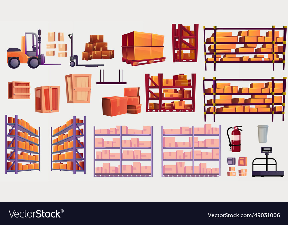 Cartoon warehouse equipment shelves with goods Vector Image