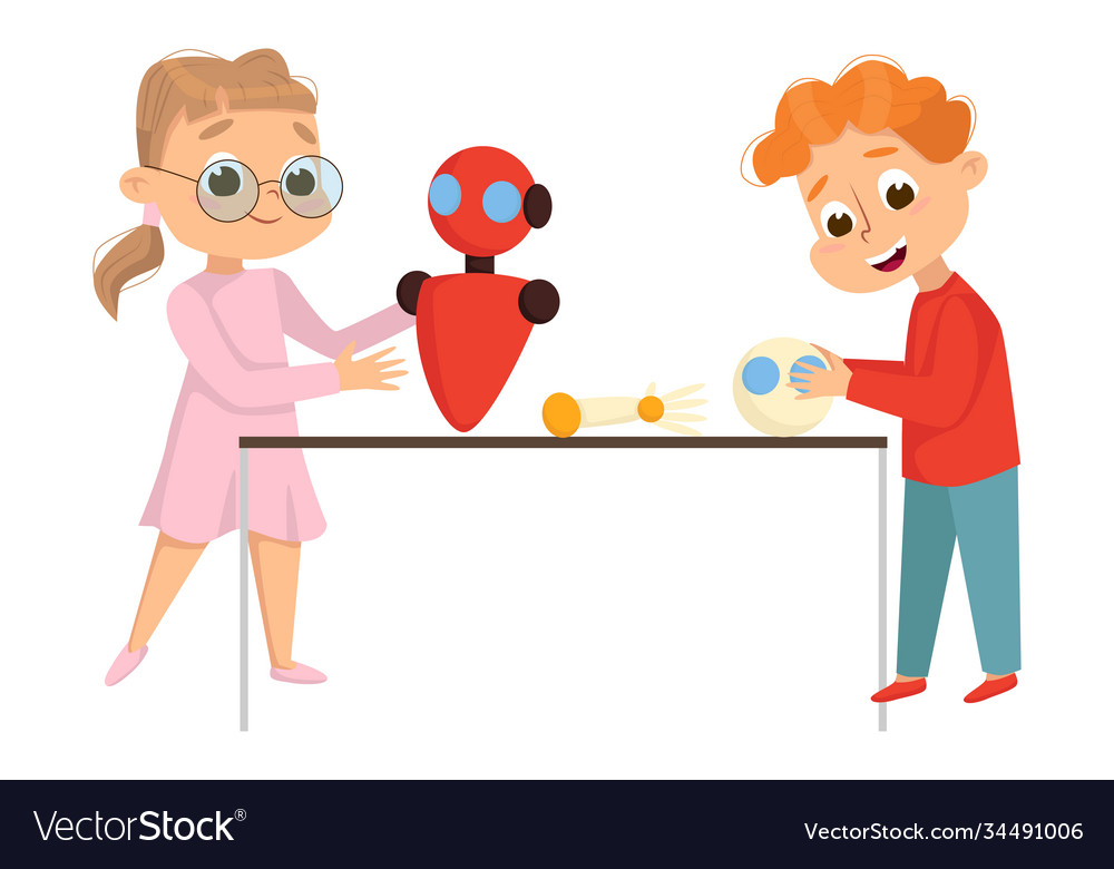 Cute girl and boy creating and programming smart Vector Image