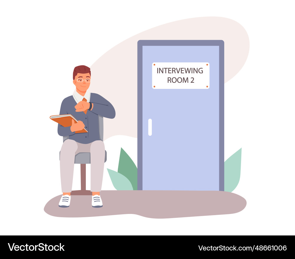 Man sitting near interviewing room and waiting Vector Image