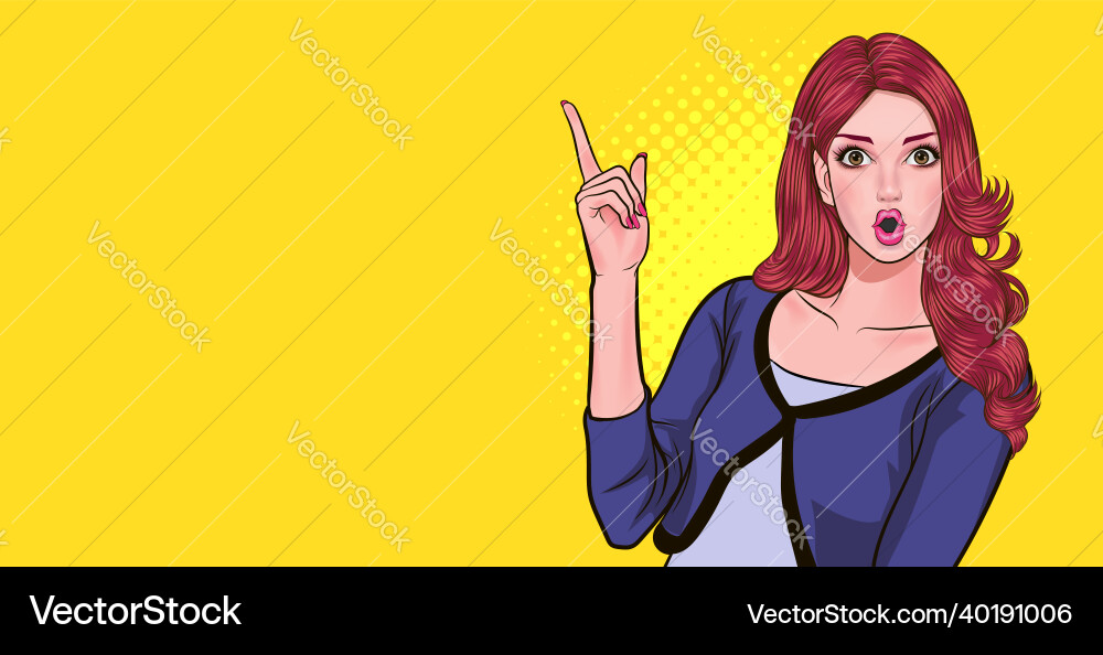Woman looking and point her hand tospace Vector Image