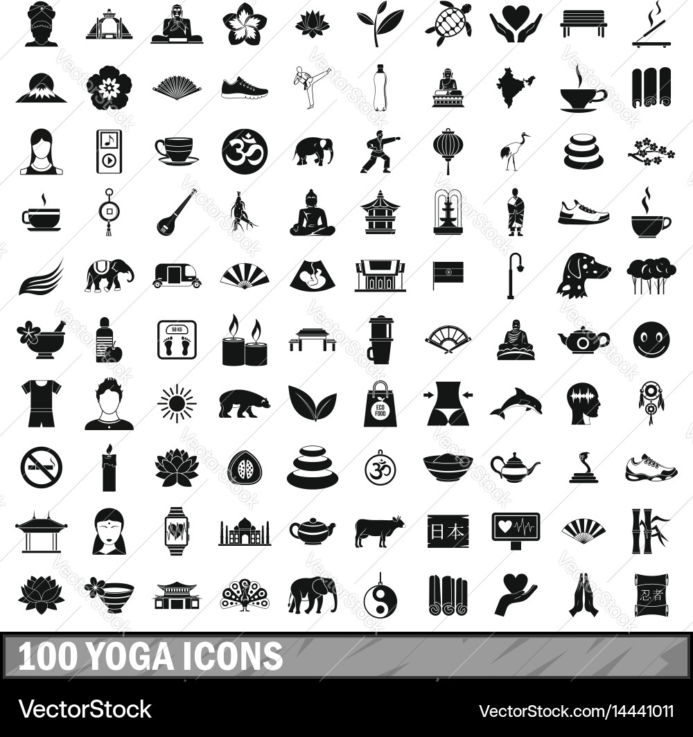 100 yoga icons set simple style Royalty Free Vector Image