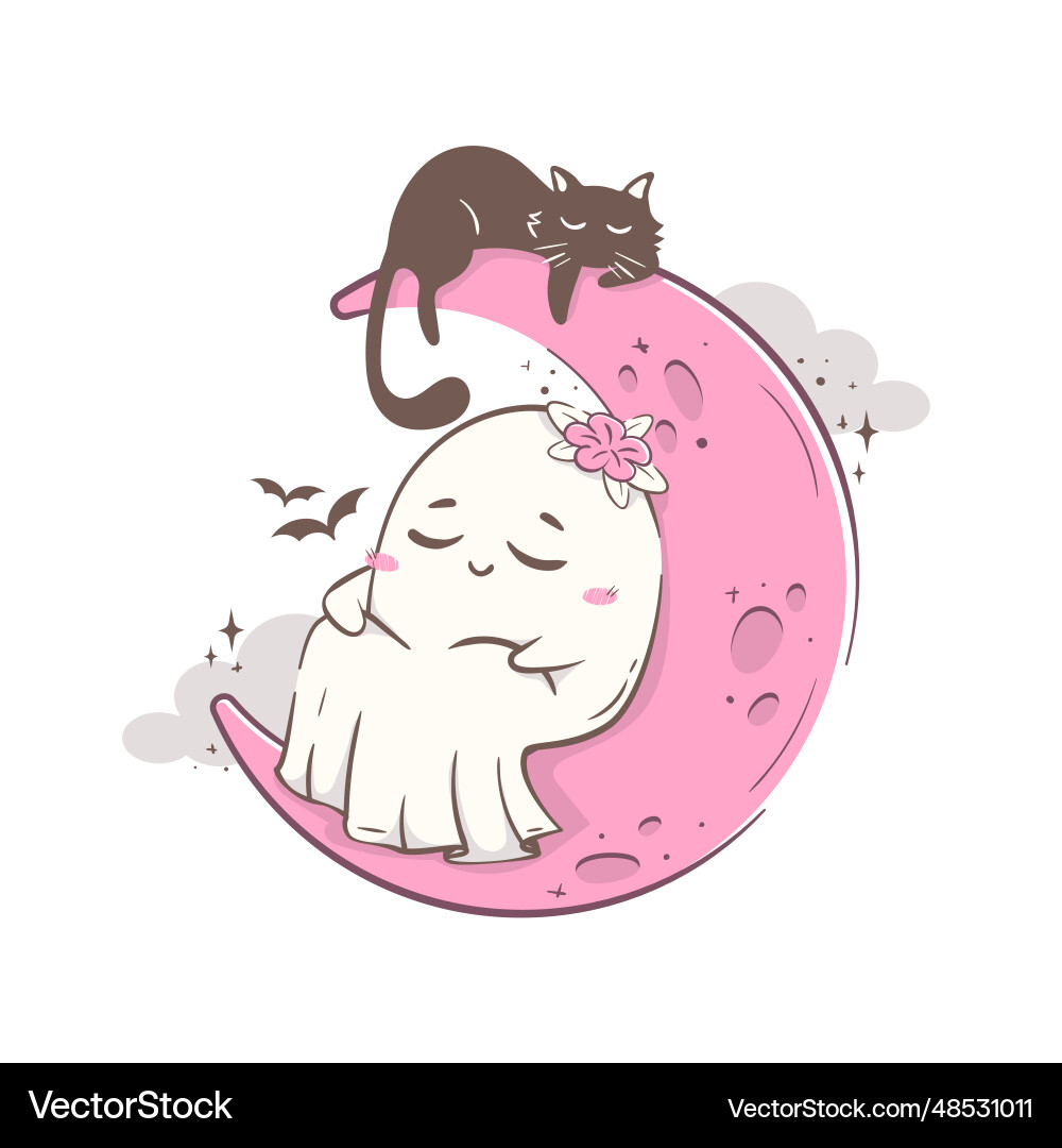 Cute cartoon ghost sleeps on a crescent moon Vector Image