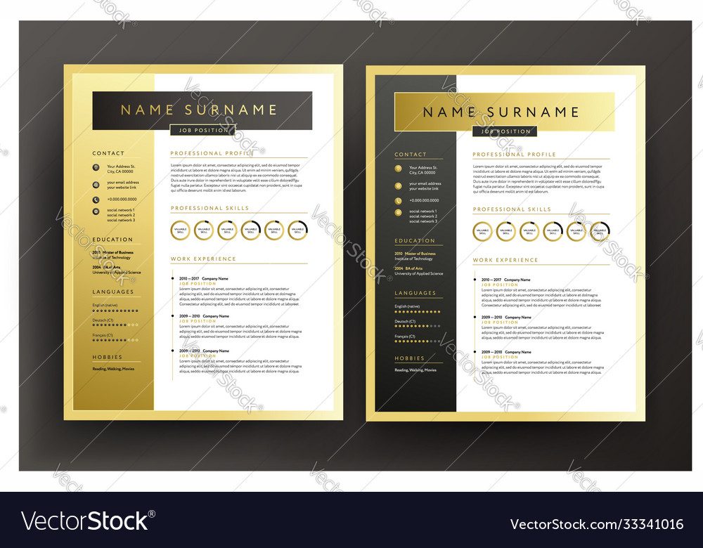 Expert Cv Resume Template In Black And Gold Vector Image