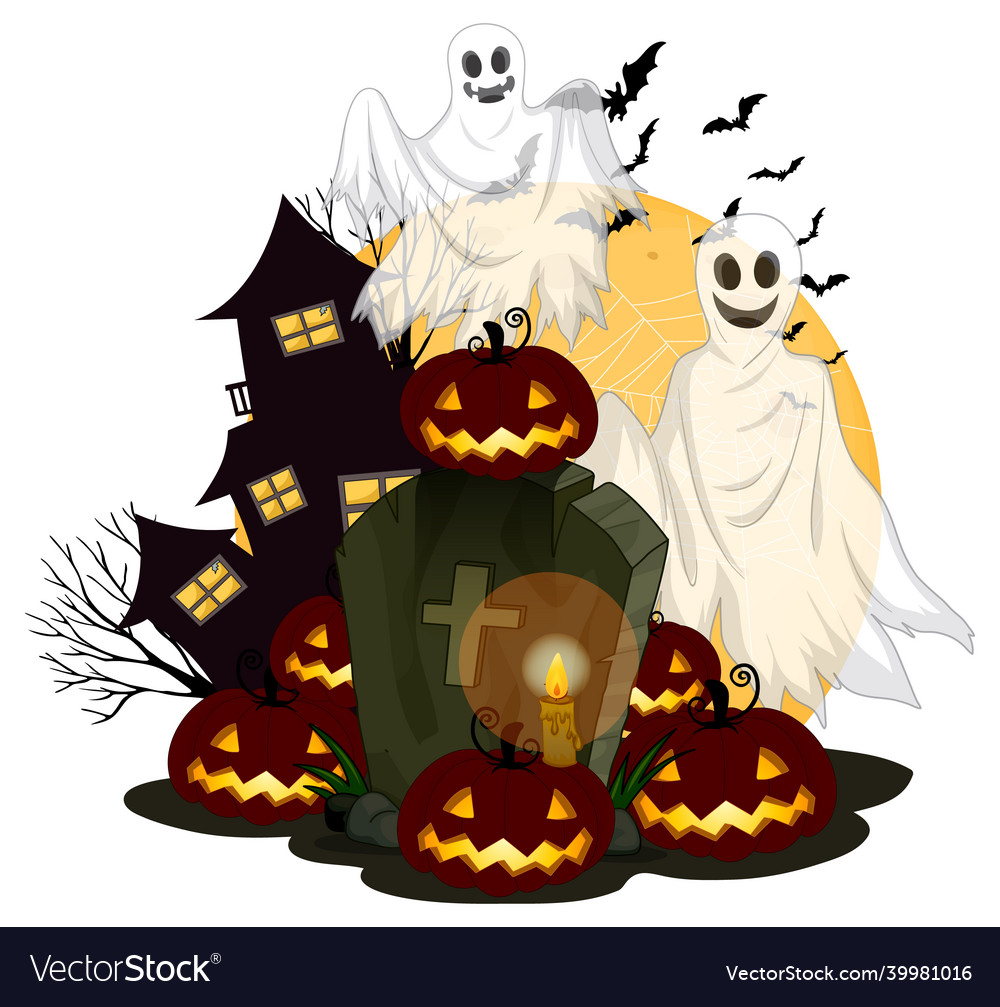 Halloween ghosts with jack-o-lantern and haunted Vector Image