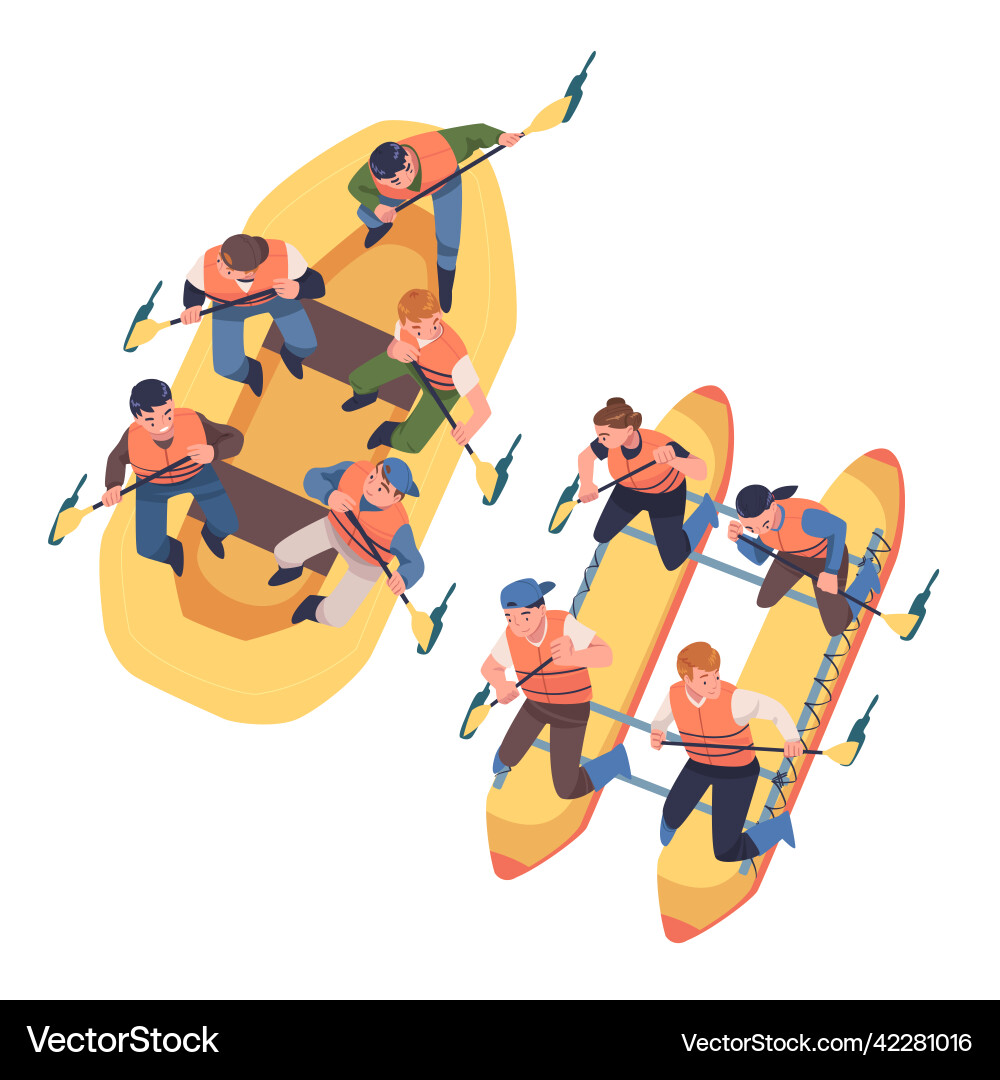 People character rafting in inflatable boat rowing