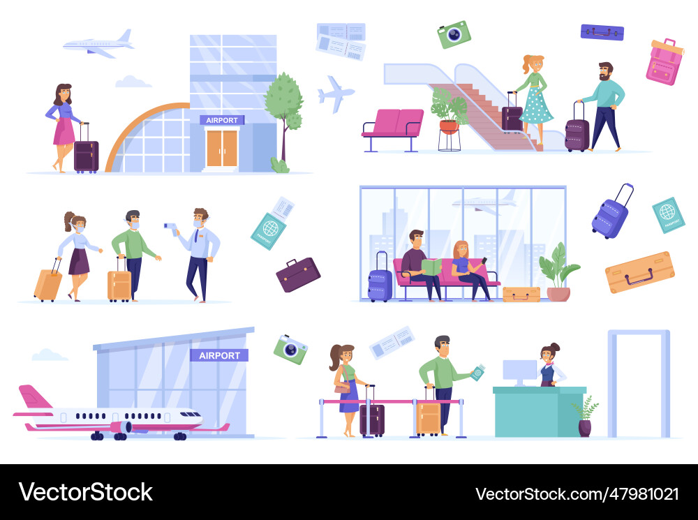 Airport bundle of flat scenes airplane boarding Vector Image