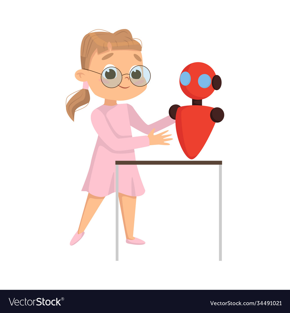 Cute girl creating and programming smart robot Vector Image