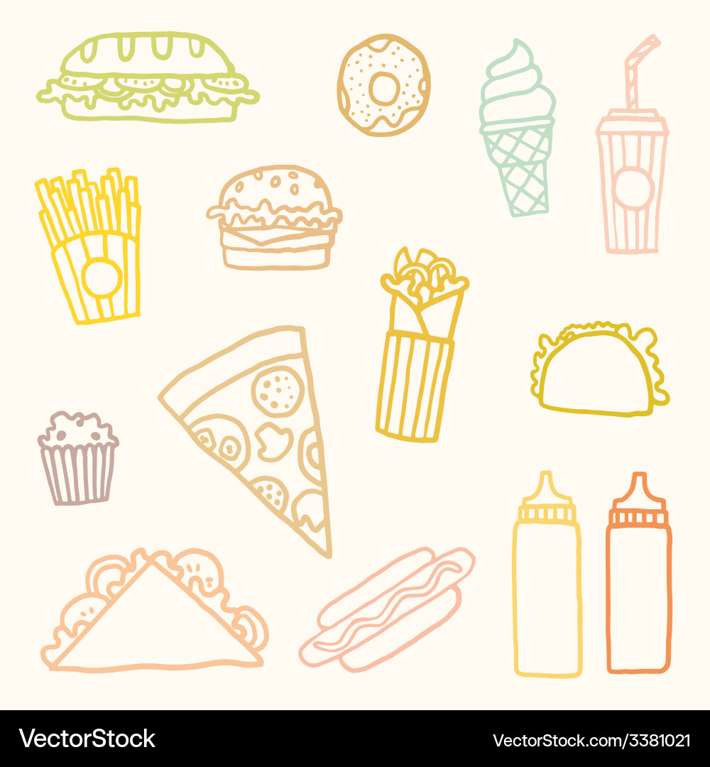 Outline astfood cartoon set Royalty Free Vector Image
