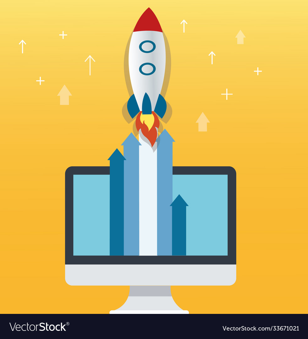 Rocket icon and computer yellow background Vector Image