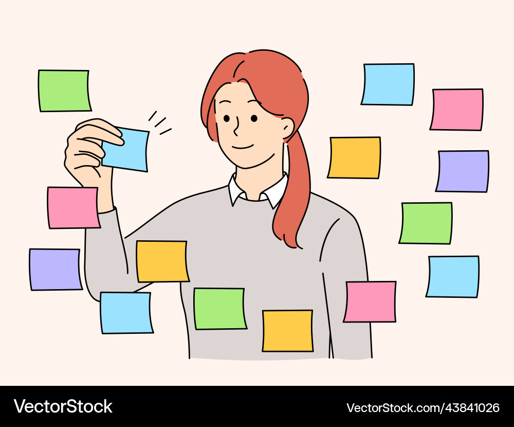 Businesswoman work with sticky notes on board Vector Image