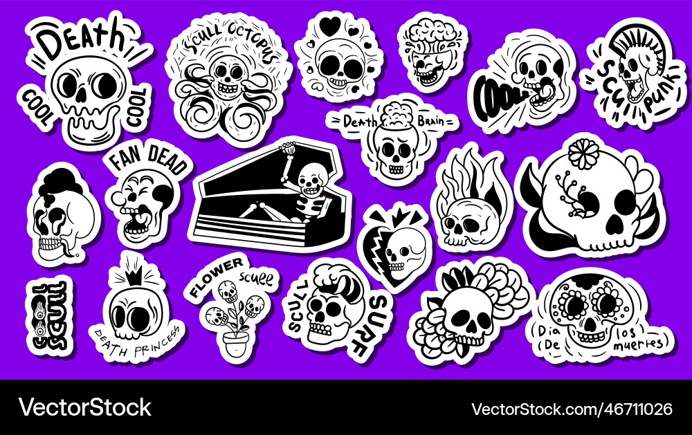 Skull stickers black and white set Royalty Free Vector Image