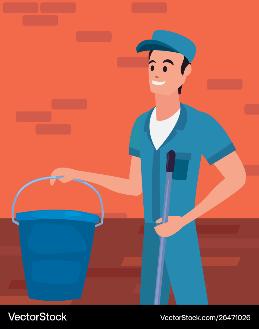 Worker cleaning man bucket and mop Royalty Free Vector Image