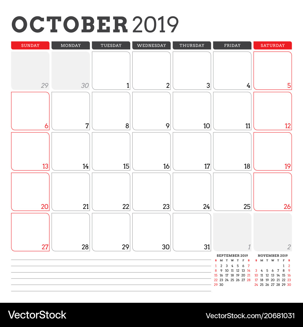 Calendar planner for october 2019 week starts Vector Image