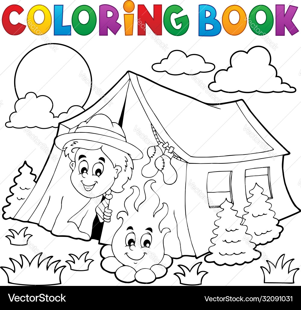 Coloring book scout camping in tent Royalty Free Vector