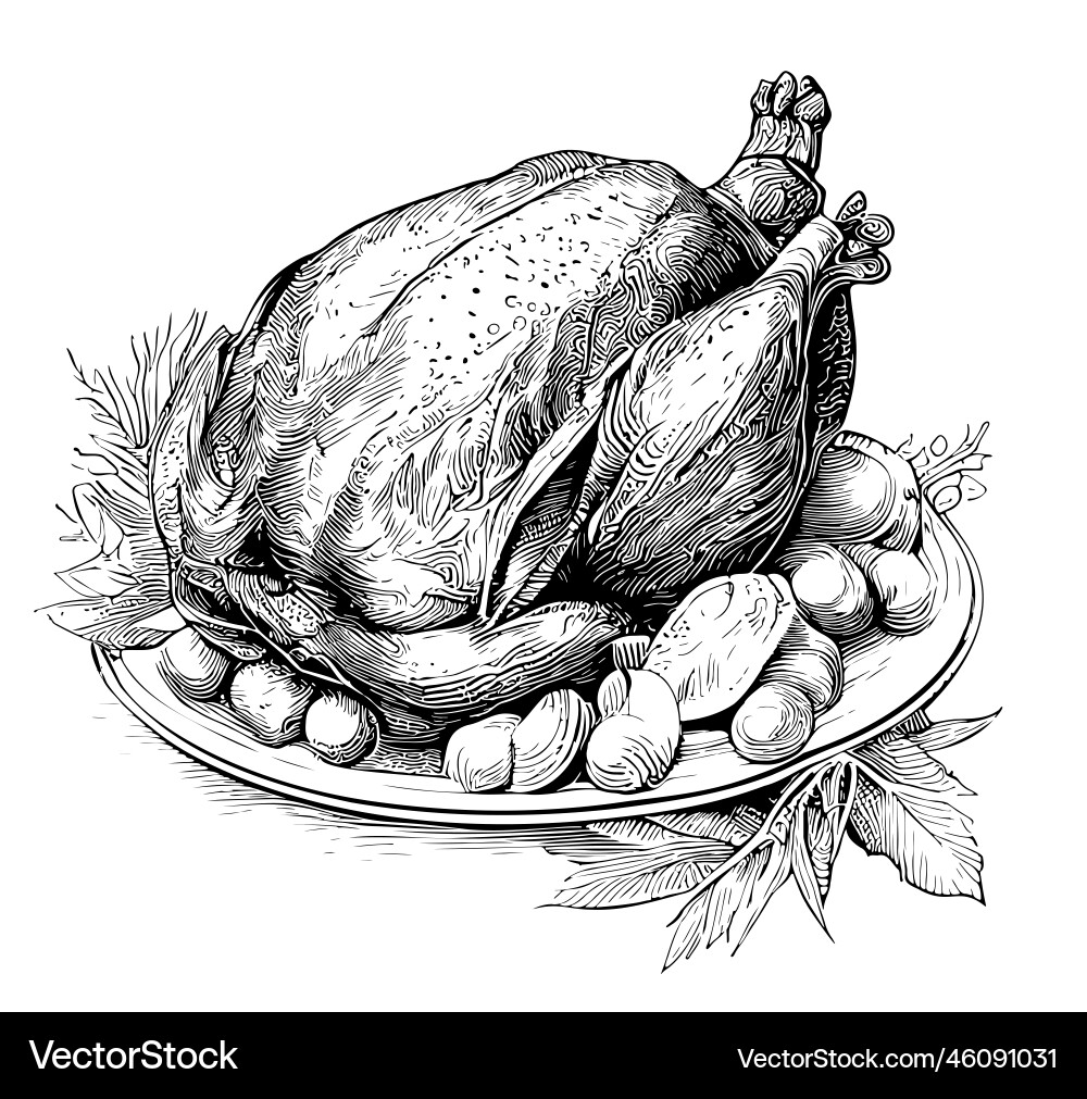 Roasted turkey on a plate with vegetables hand Vector Image