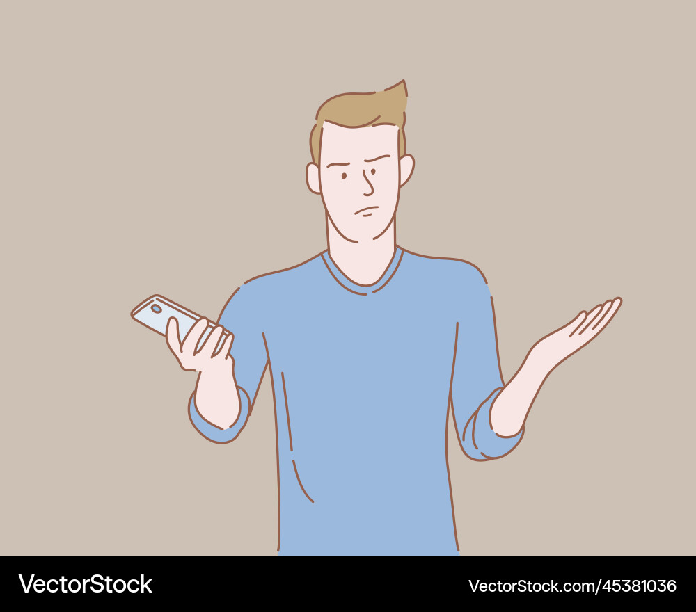 Confused man cautious holding smartphone Vector Image