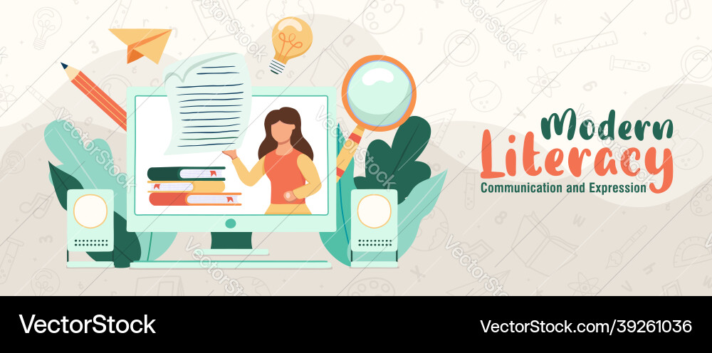 Literacy banner woman reading book computer Vector Image