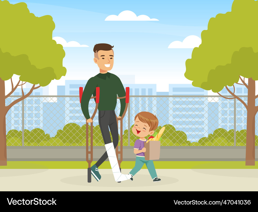 Polite little boy helping disabled man carry Vector Image