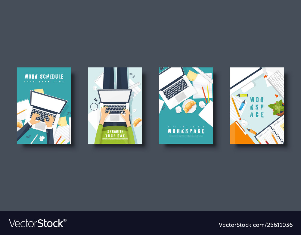 Workplace flat style covers set laptop documents Vector Image