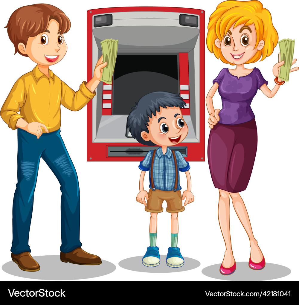 Atm machine with people cartoon character Vector Image