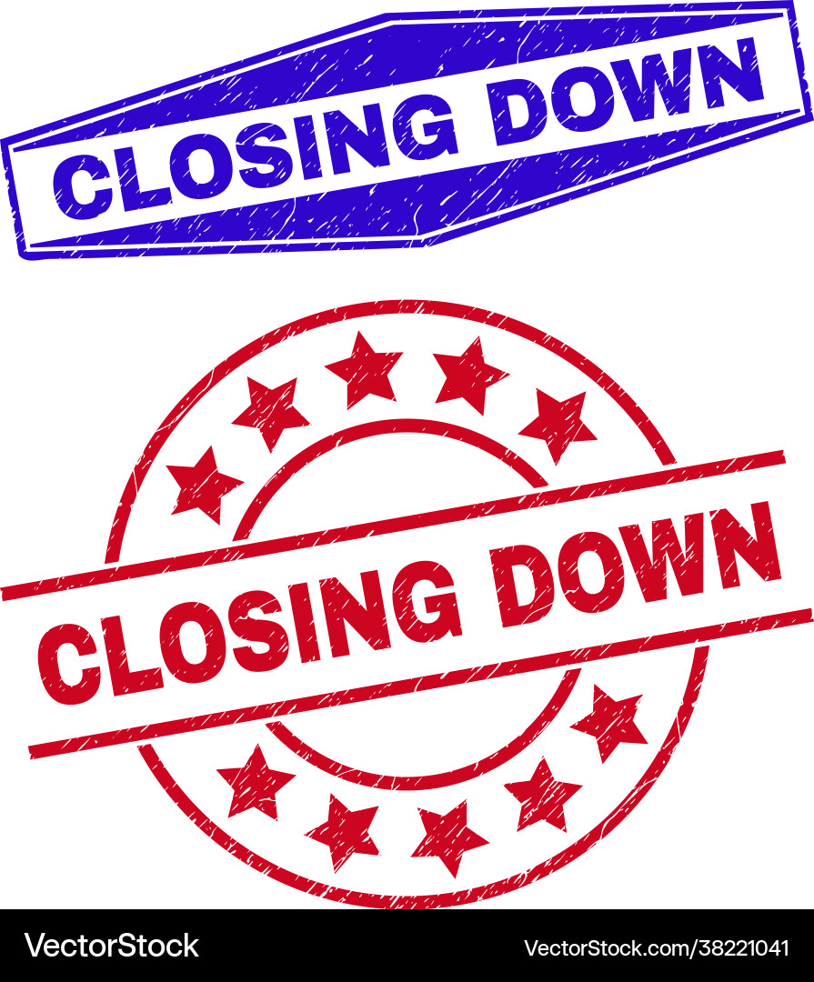 Closing down rubber badges in circle and hexagon Vector Image