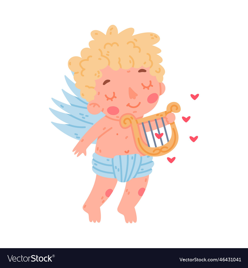 Cute baby cupid with harp blond little boy angel Vector Image