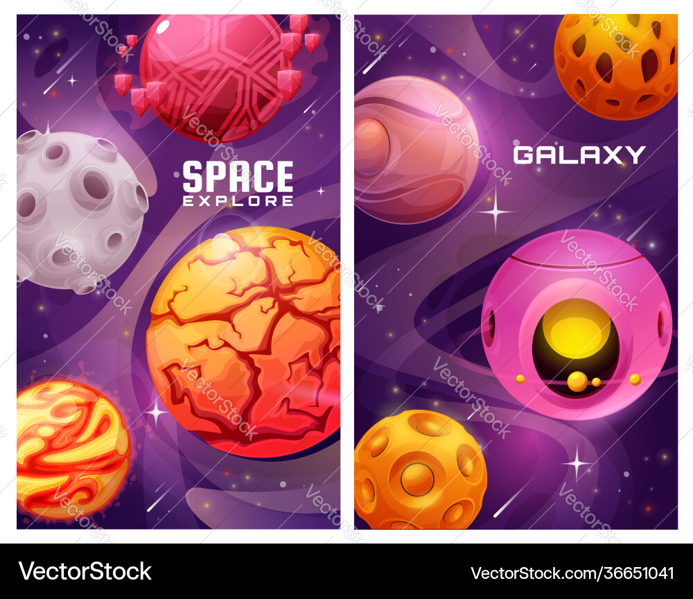Space galaxy explore posters with cartoon planets Vector Image
