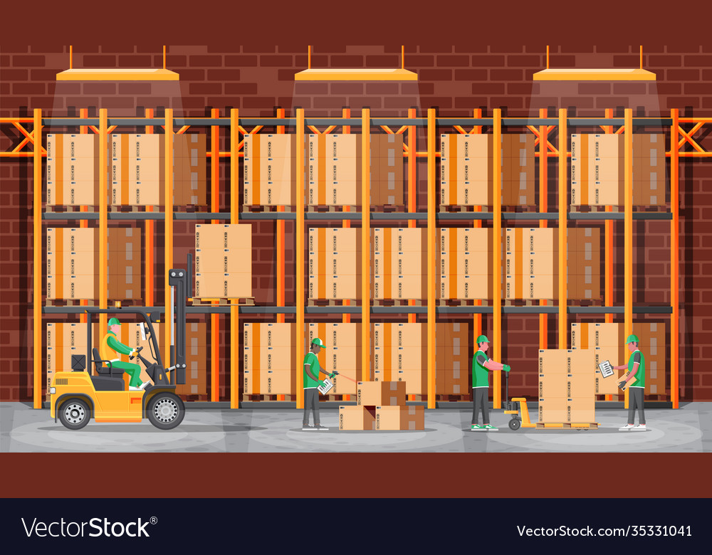 Warehouse shelves with boxes and mover Royalty Free Vector