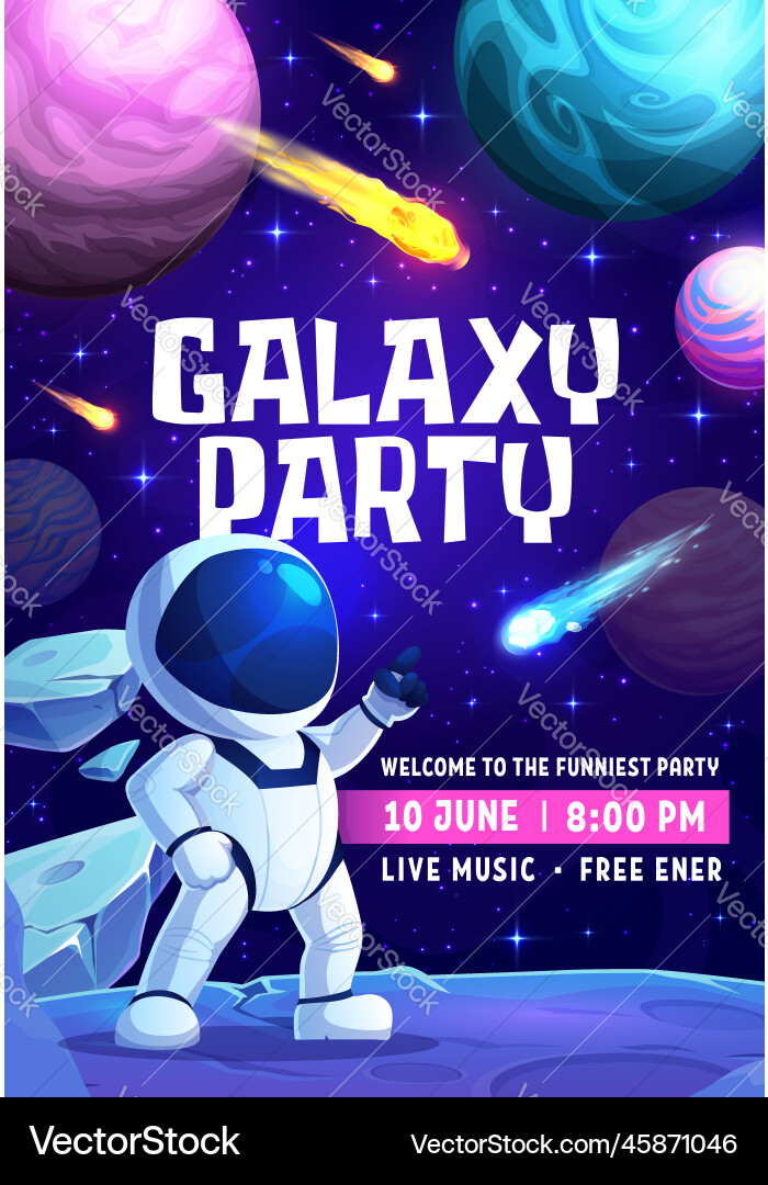 Galaxy party flyer astronaut and space landscape Vector Image