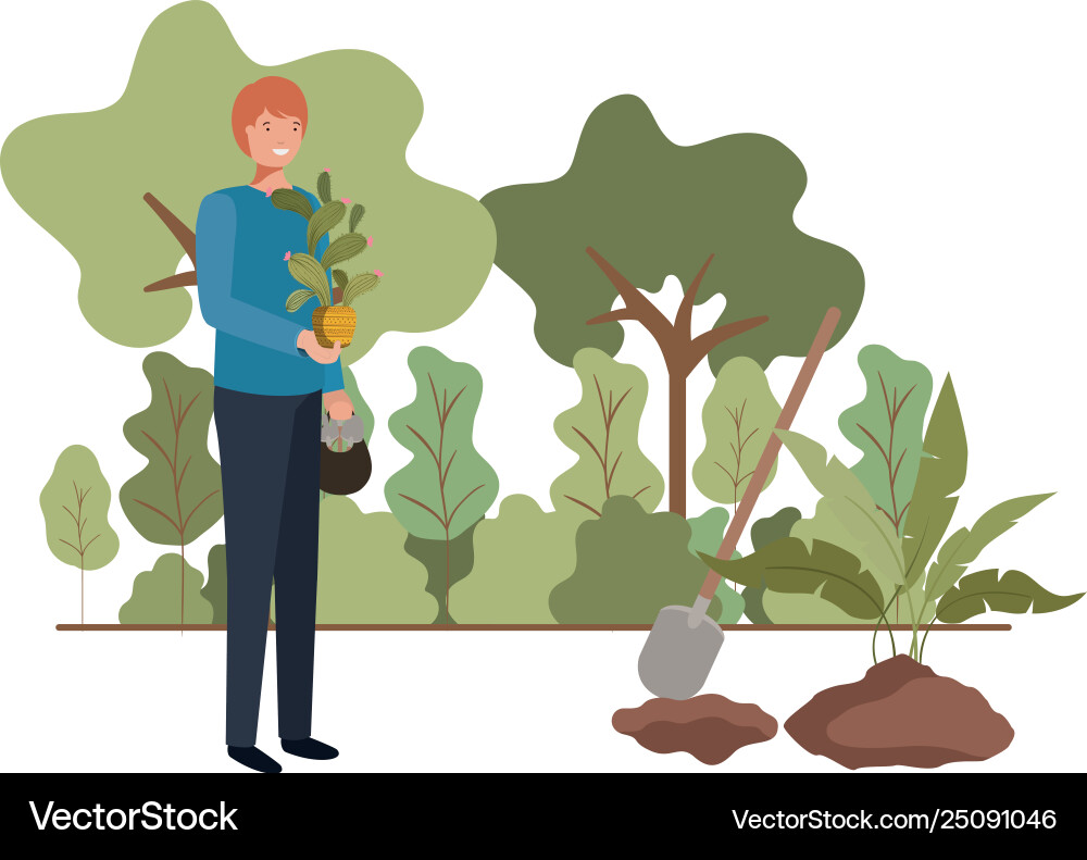 Man with tree to plant in landscape Royalty Free Vector