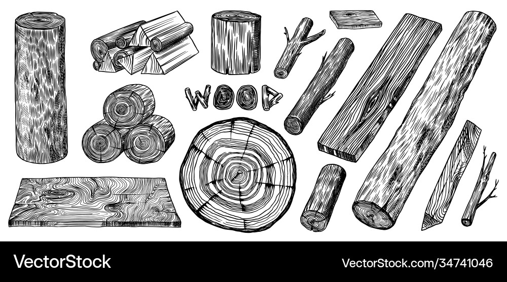 Wood set planks and logs lumber cuts Royalty Free Vector