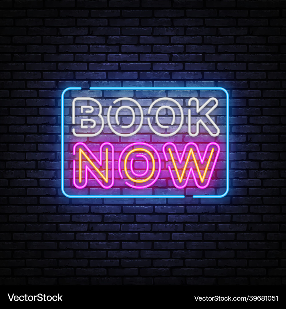 Book now neon for concept design blue Royalty Free Vector