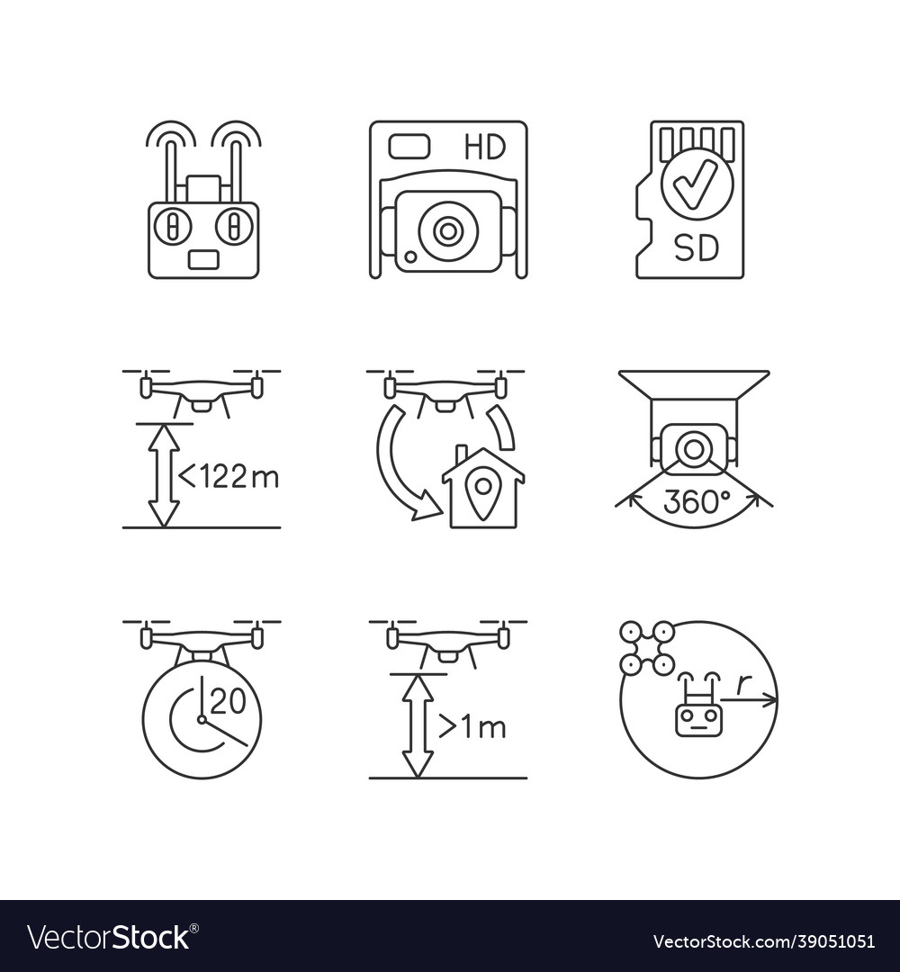 Drone care linear manual label icons set Vector Image