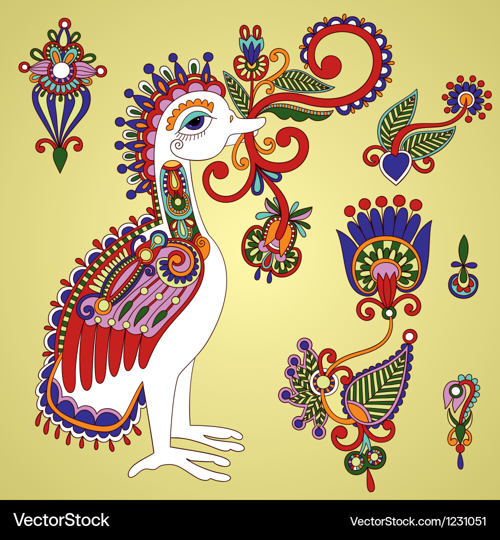 Hand draw ornate bird and flower design element Vector Image