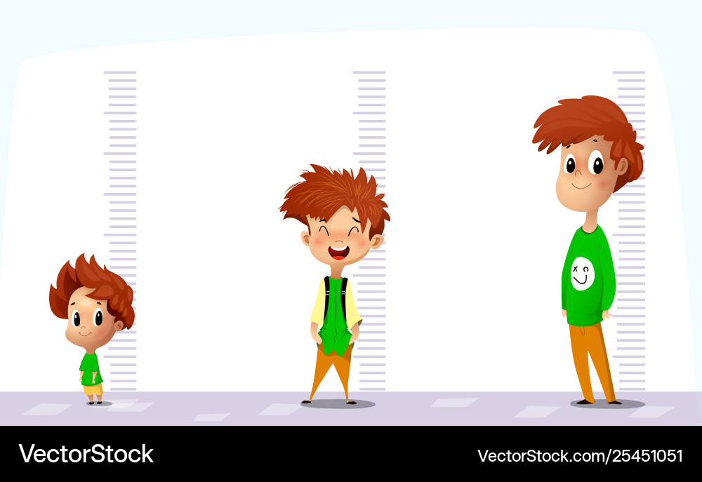 Happy boy measures his growth in different ages Vector Image