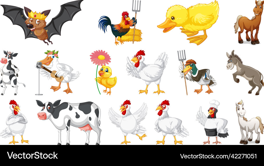Many farm animals on white background Royalty Free Vector