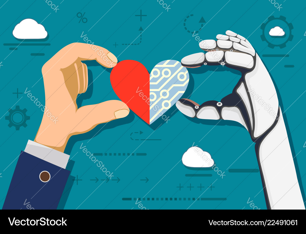 Human hand and a robot holding heart Royalty Free Vector